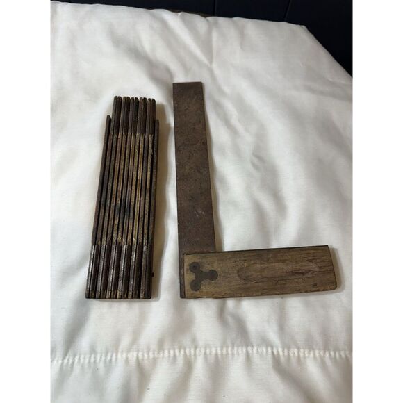Kitchen | Antique Folding Ruler Square Tool Set Vintage Wood Metal ...